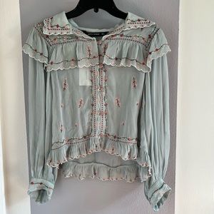 Zara | Tops | Zara Sage Embroidered Ruffle Blouse | Poshmark